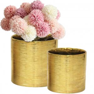 Set of 2 PCS Etcched Metallic Gold Ceramic Cylinder Planters (6 in & 5. ...